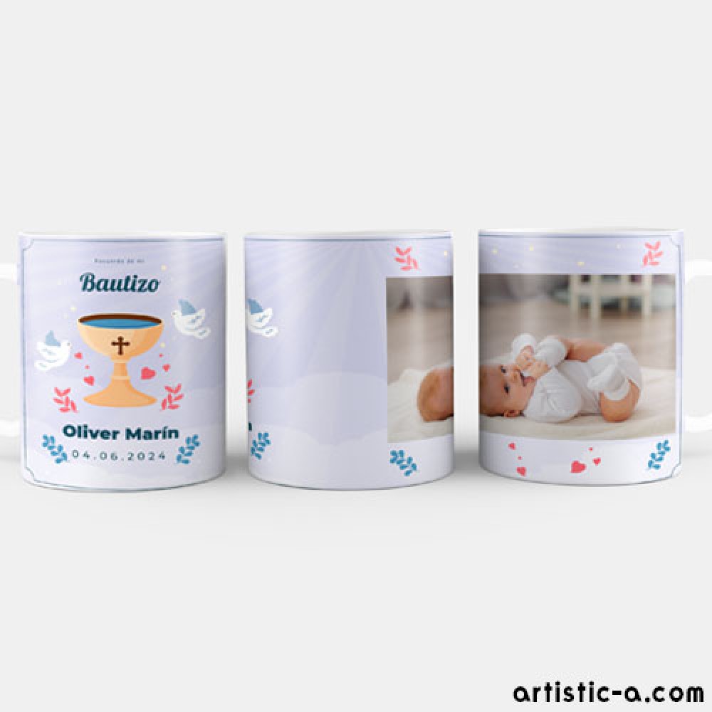 Taza personalizada para bautizo, diseño azul con cáliz y foto