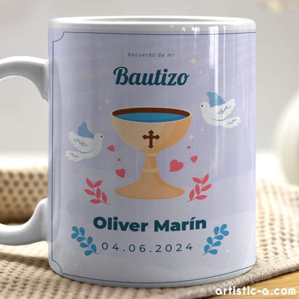 Taza personalizada para bautizo, diseño azul con cáliz y foto