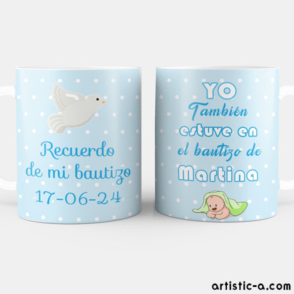 Taza personalizada para bautizo azul, con dibujos de bebé y paloma