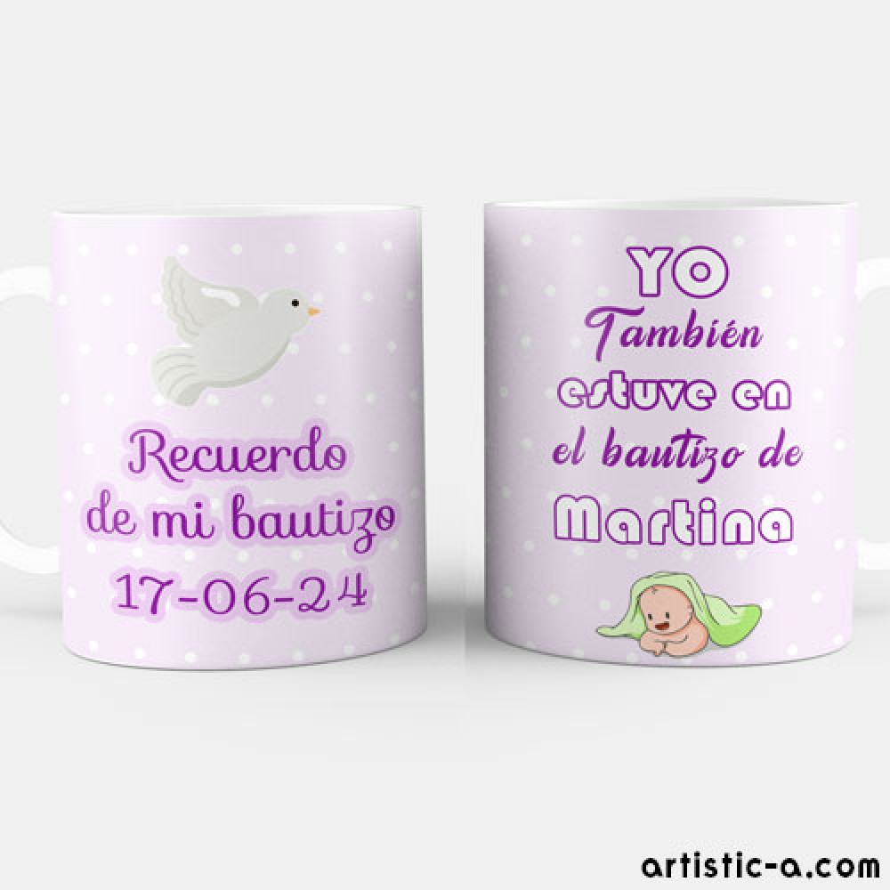 Taza personalizada para bautizo morado, con dibujos de bebé y paloma