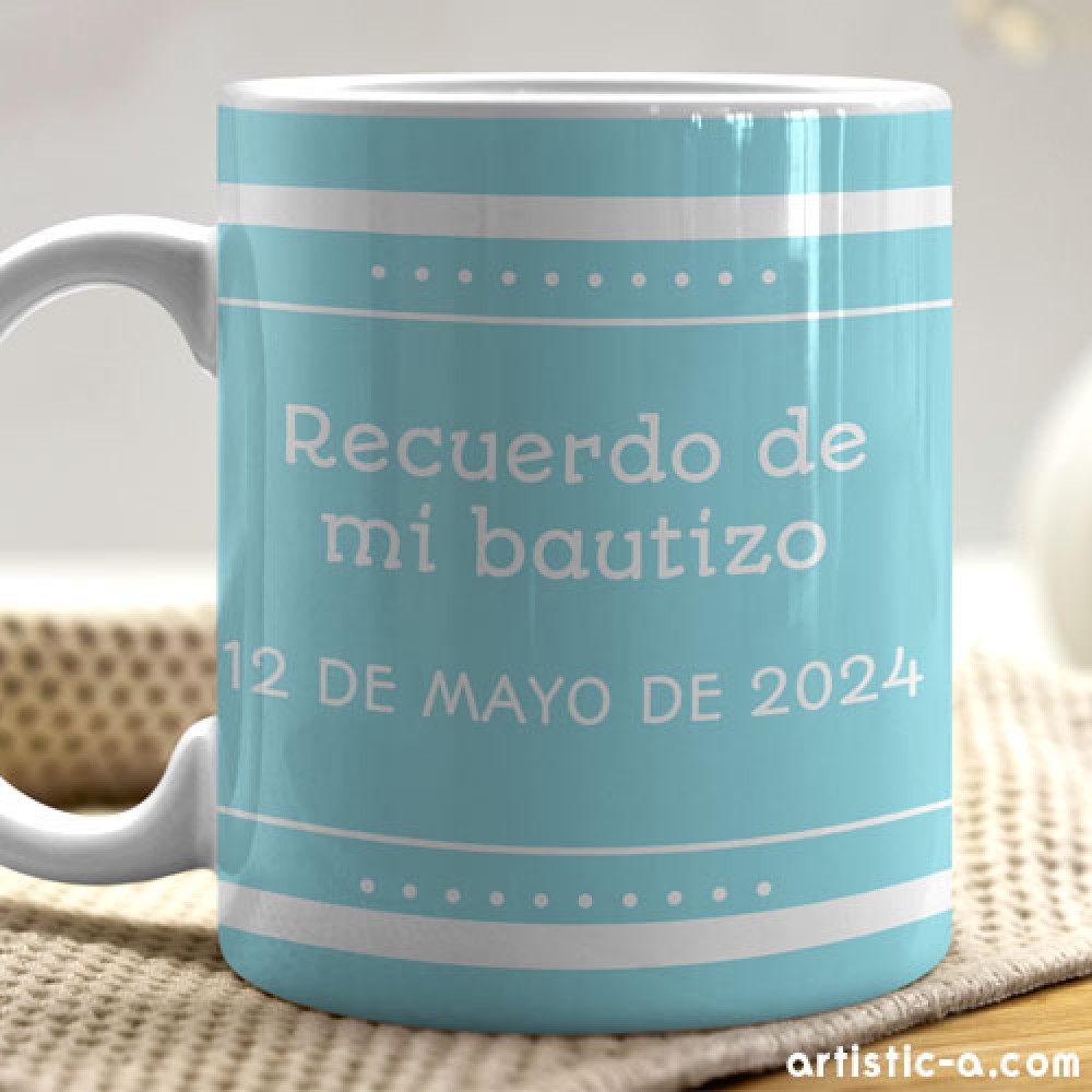Taza personalizada para bautizo, diseño elegante de color azul