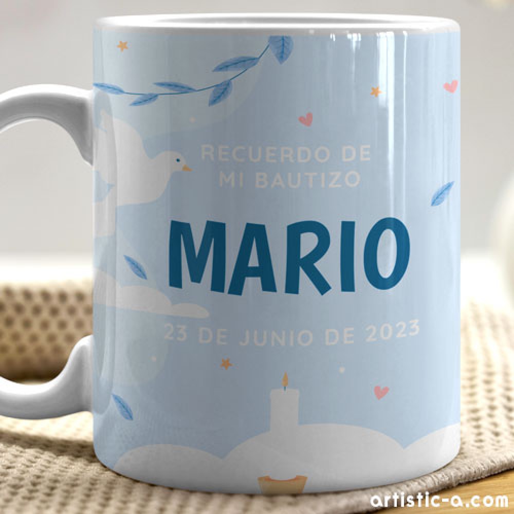Taza personalizada para bautizo, diseño azul con foto